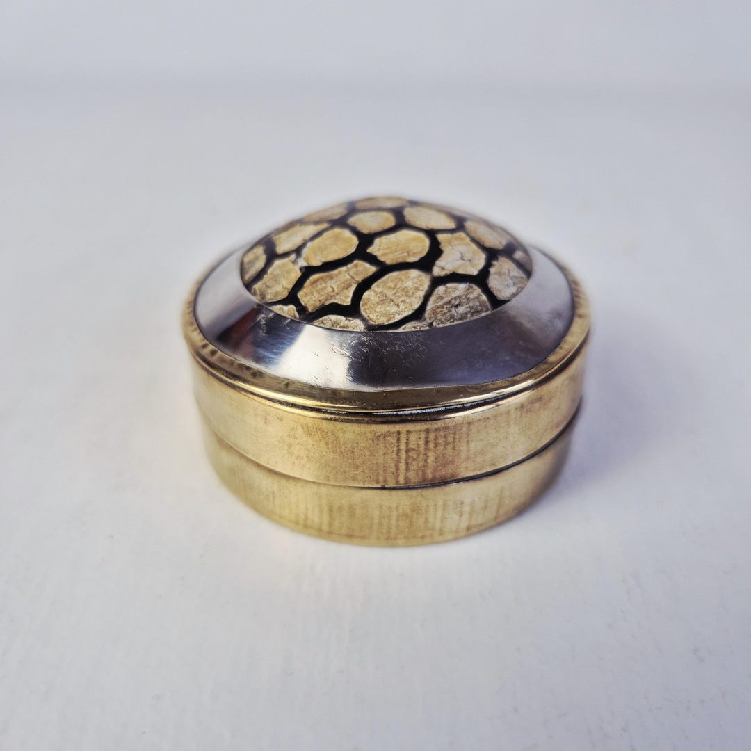 Vintage Pill Box With Inlay | Brass Box With Cork - Etsy