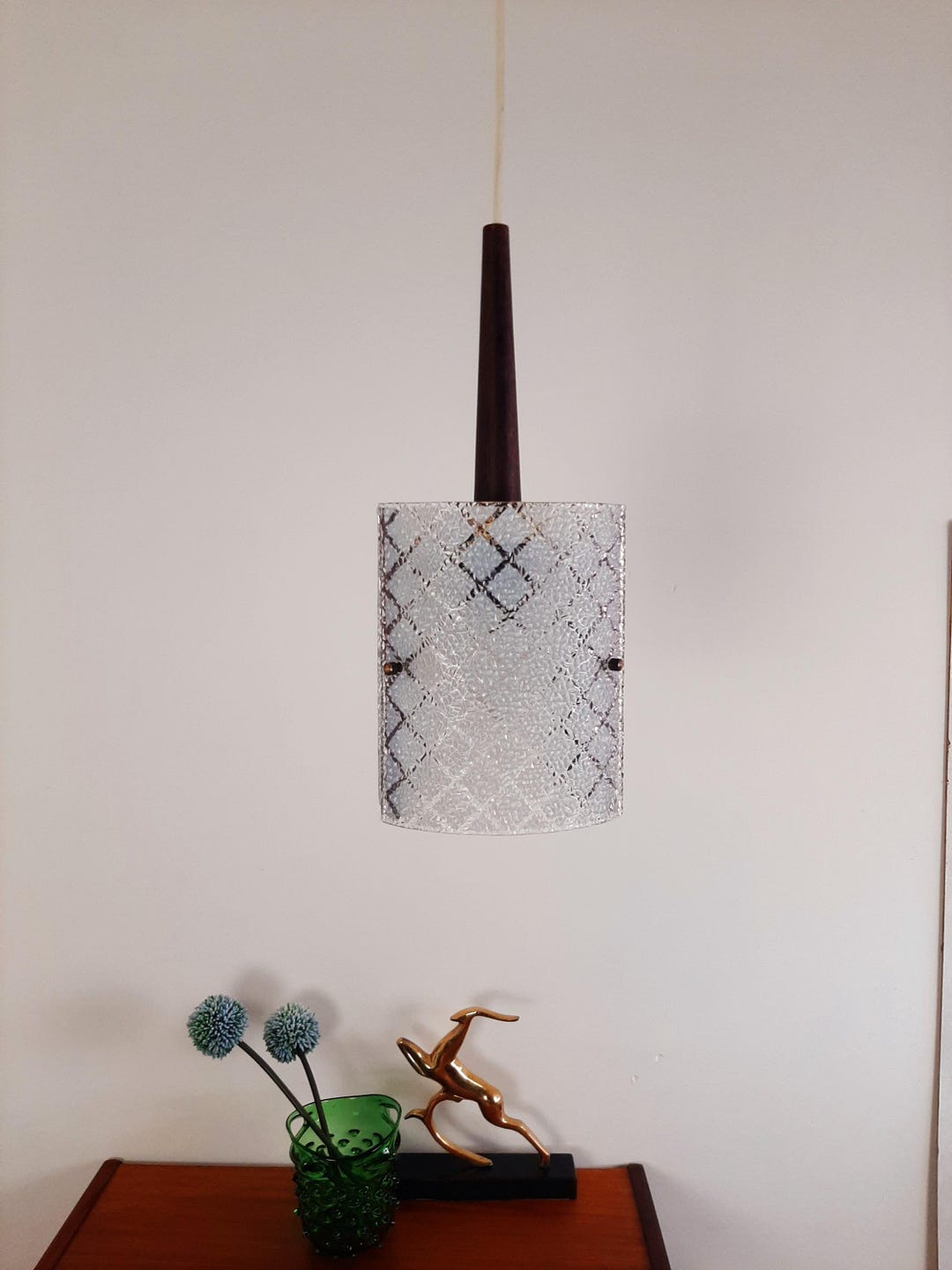1970s Pendant Lamp | Worked Glass With Wood | Vintage 1970s Lamp - Etsy