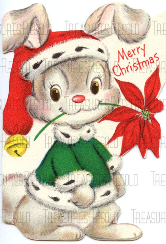 Merry Christmas Santa Bunny Rabbit Poinsettia Christmas Card | Etsy