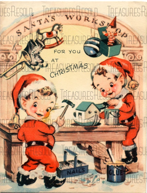 Retro Elves Making Toys in Santas Workshop Christmas Image | Etsy
