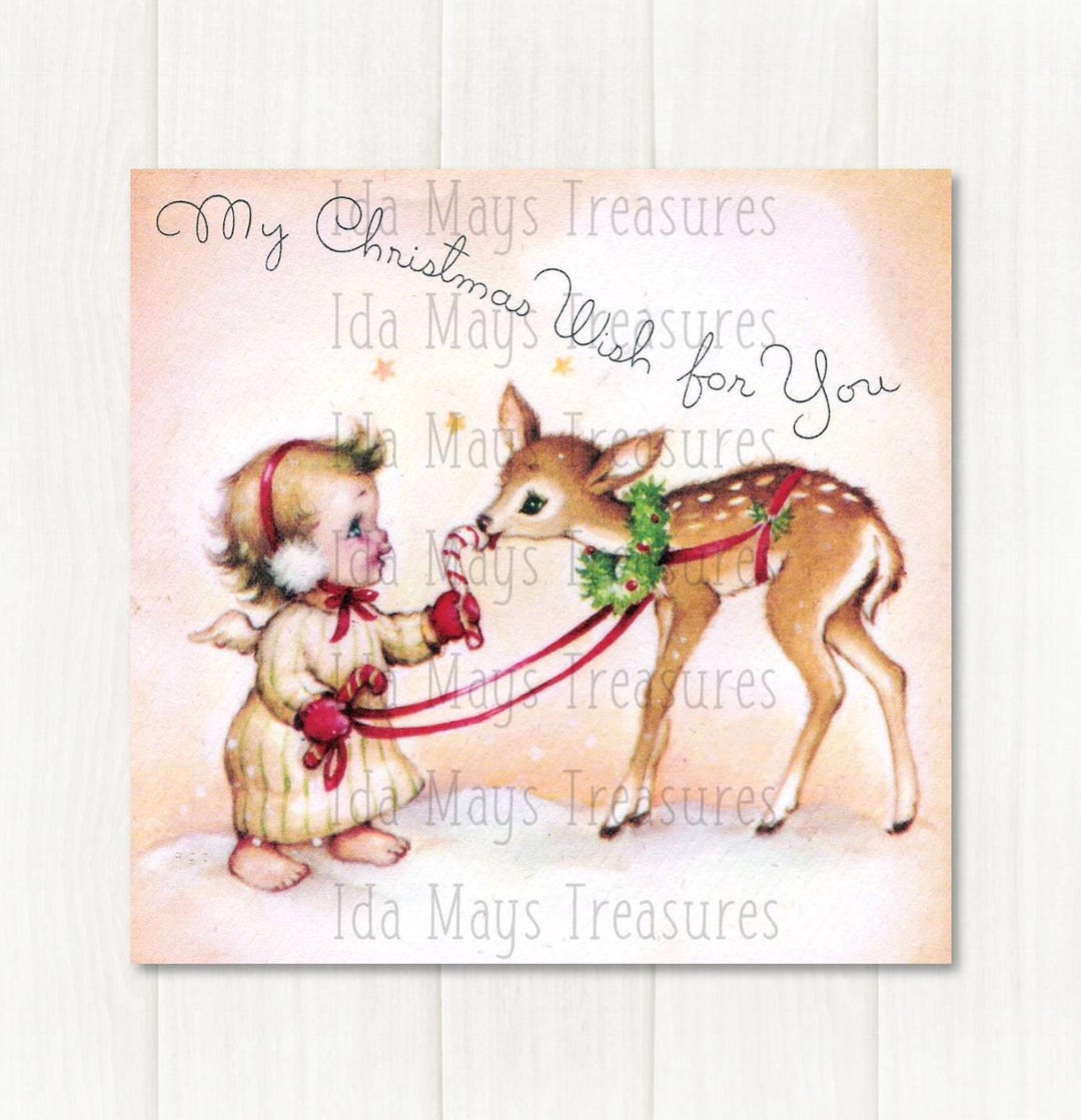 Retro Christmas Angel & Reindeer Candy Cane Digital Image (digital ...