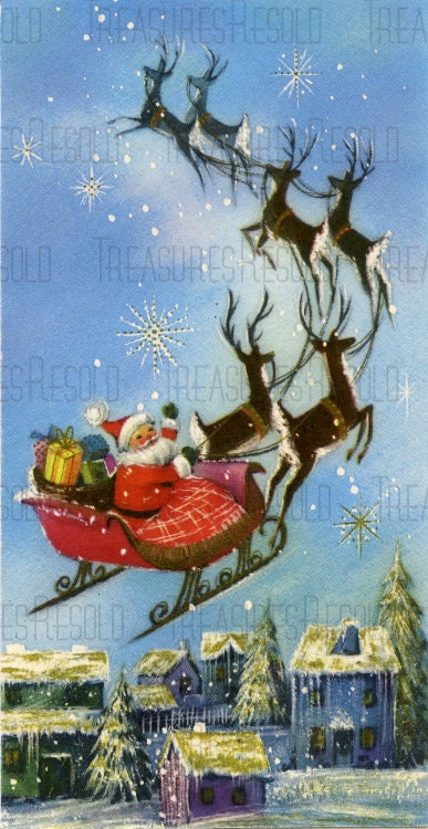 Retro Santa Sleigh and Reindeer Flying Above the Roof Tops Christmas ...