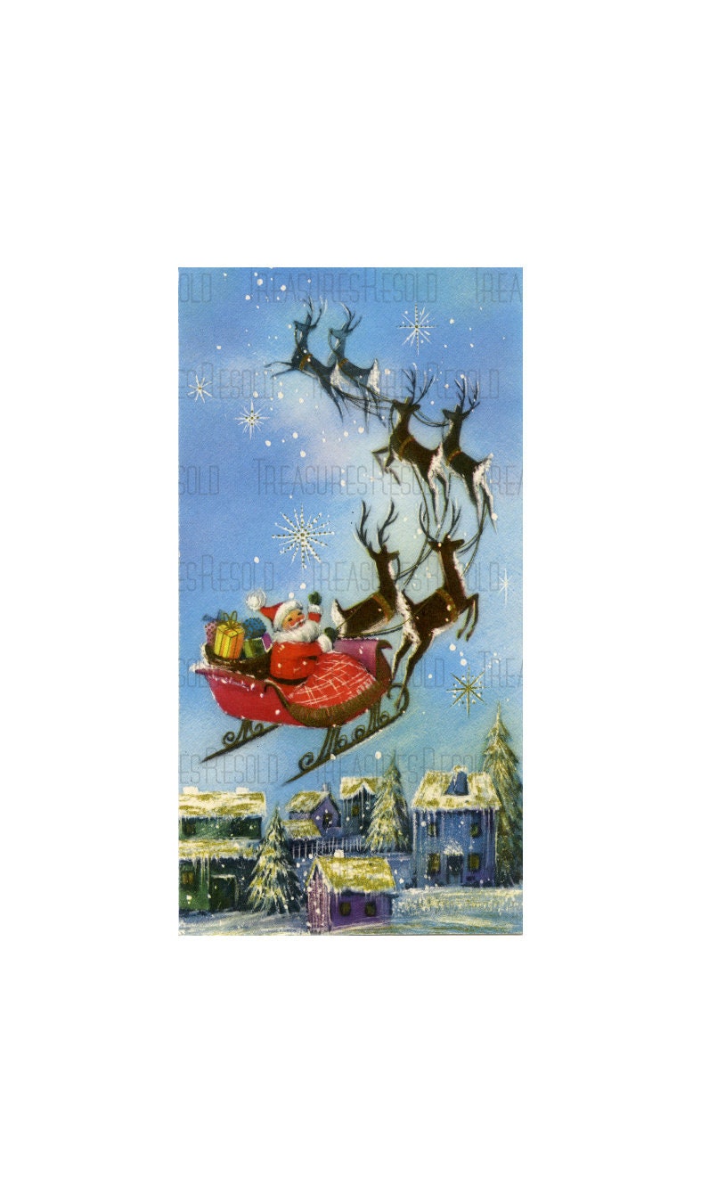 Retro Santa Sleigh and Reindeer Flying Above the Roof Tops Christmas ...