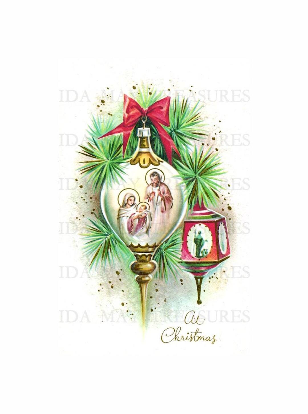 Nativity Religious Scene in Bulb Ornament on Pine Branch Christmas ...