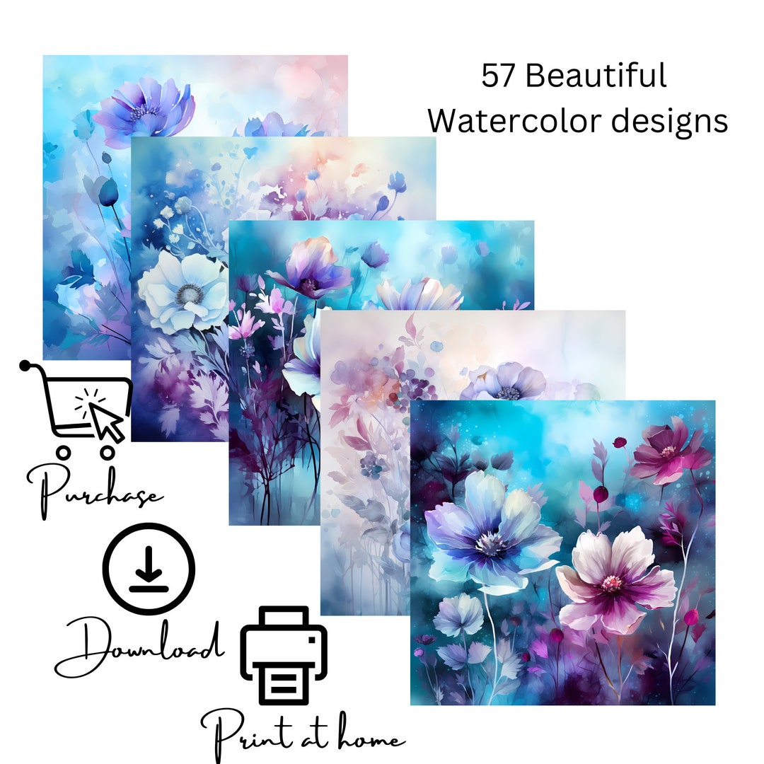 57 Beautiful Blue & Purple Watercolor Flowers, Digital Scrapbook, Junk ...