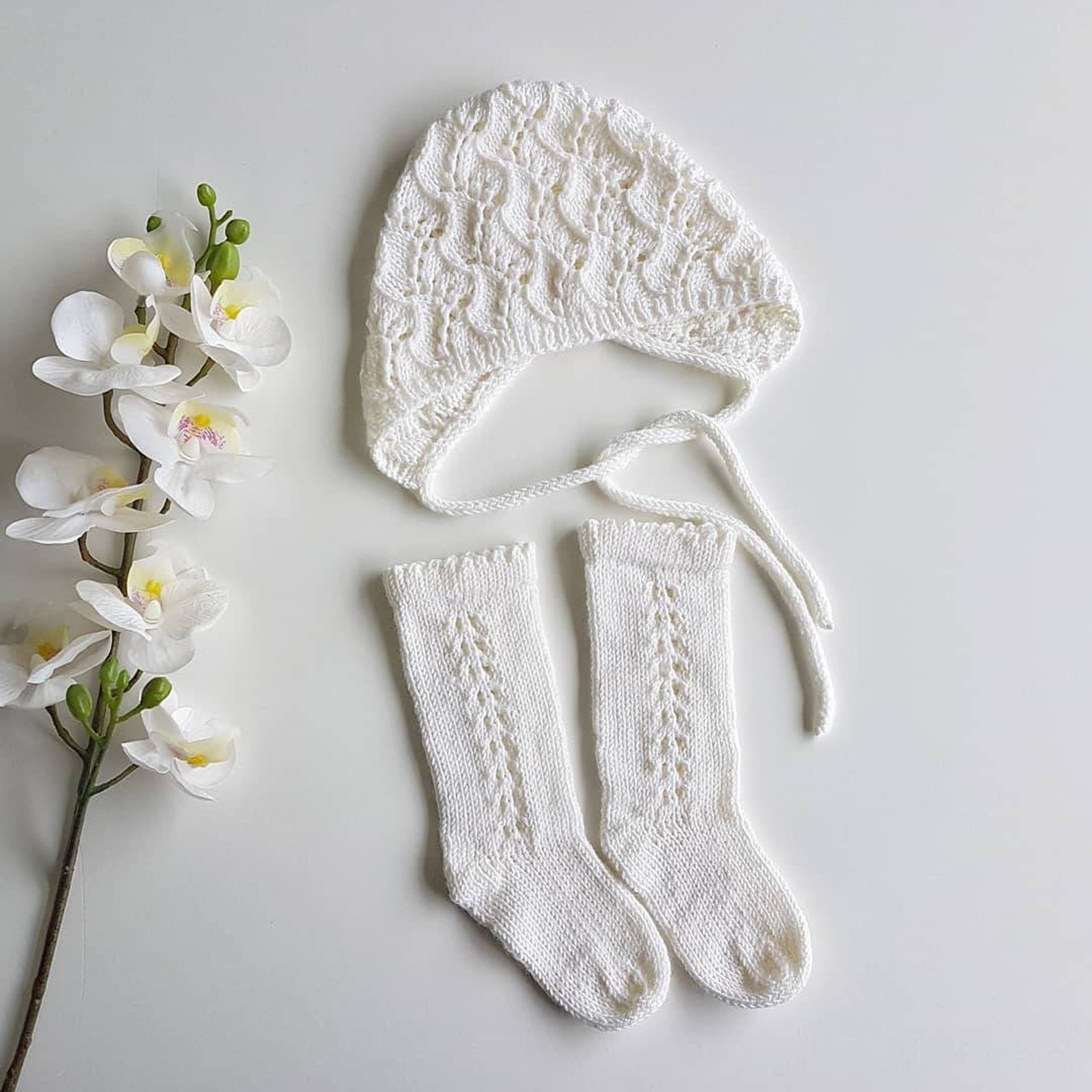 Knitted Lace White Bonnet With Socks READY-TO-SHIP Size 3-6 - Etsy