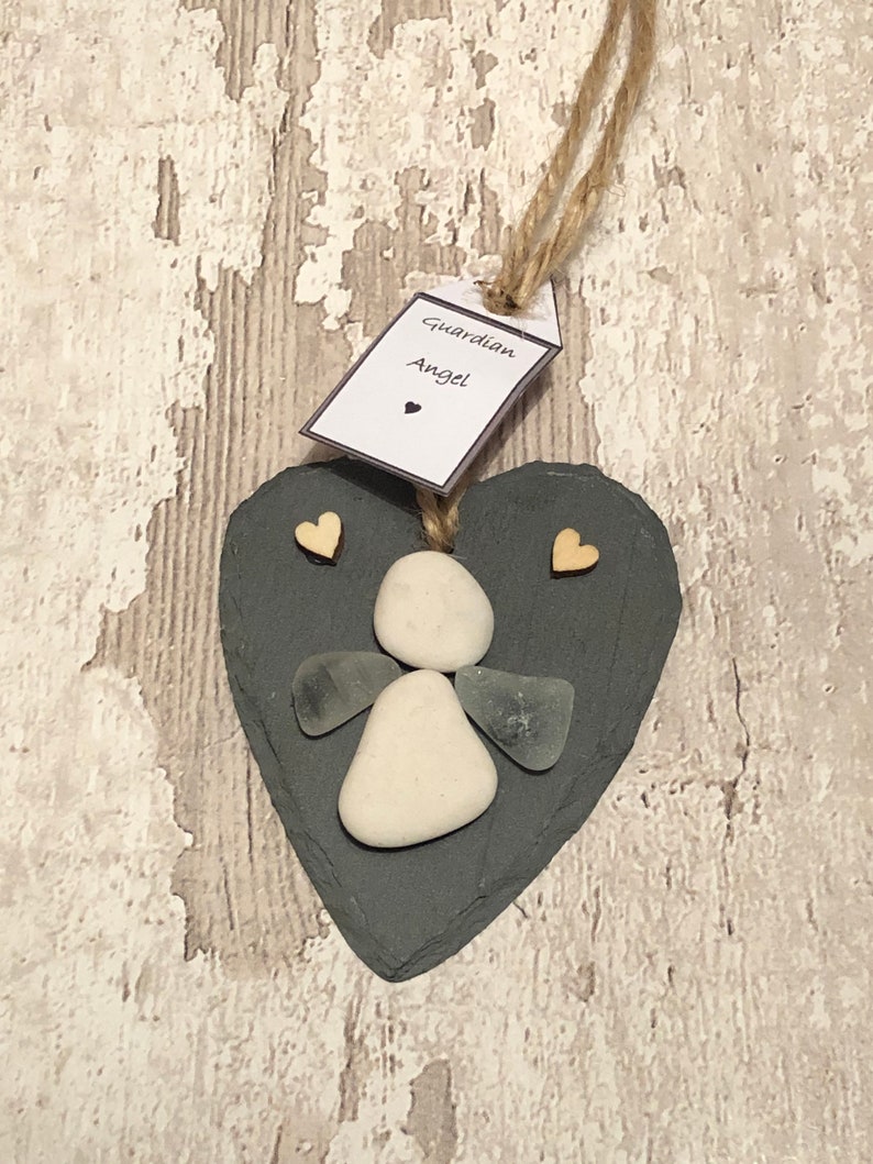 Angel- Small Slate Heart Pebble Hanging Ornament. - Etsy UK