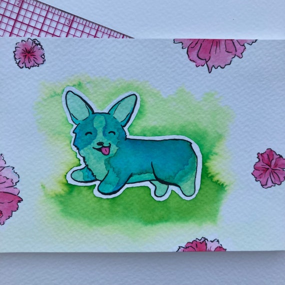 Cute Teal Corgi With Pink Flowers Original Watercolor - Etsy