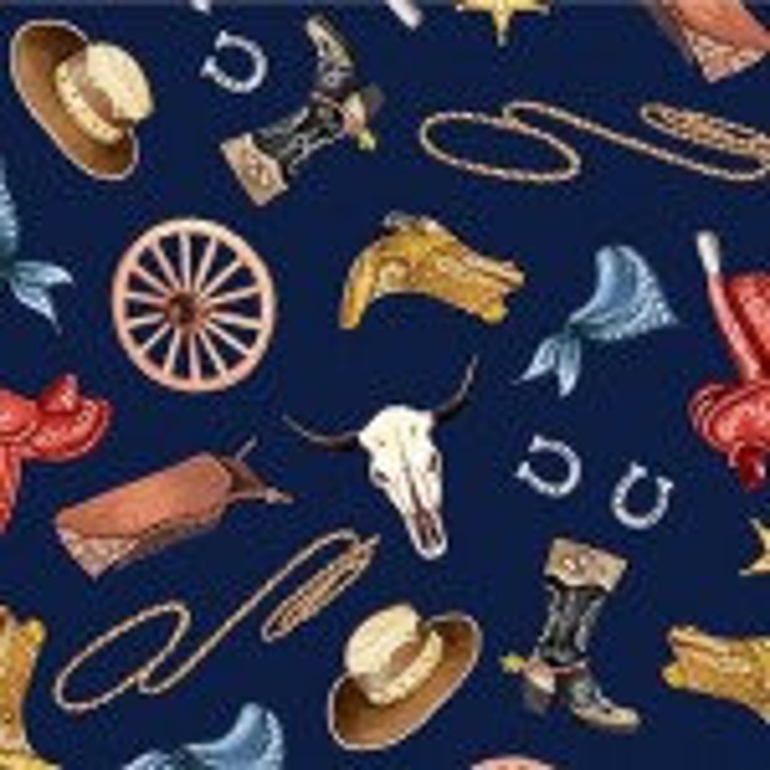 Western Navy Blue Fabric: Cowhand Gear, Happy Trails Collection by ...
