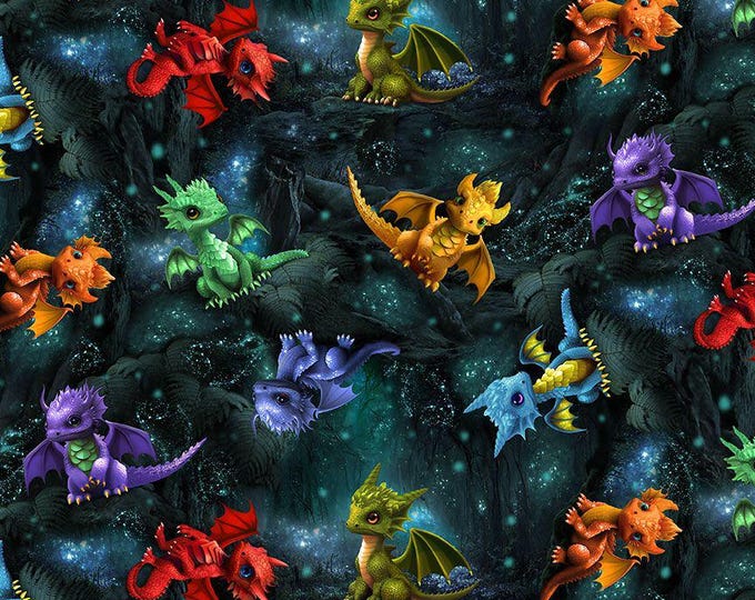 Baby Dragons Tossed on Black Cotton Fabric by Timeless Treasures - Cut ...