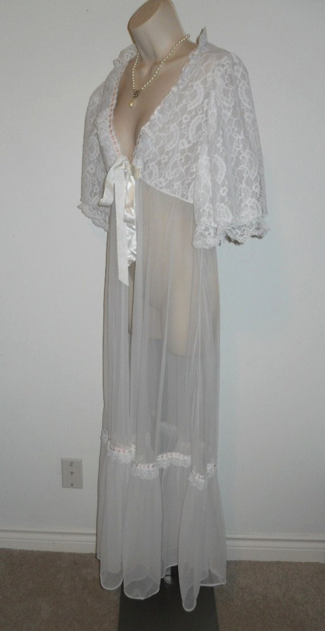 Vtg Bridal White Fancy Long Lacy Peignoir Negligee Set 1980's Dominique ...