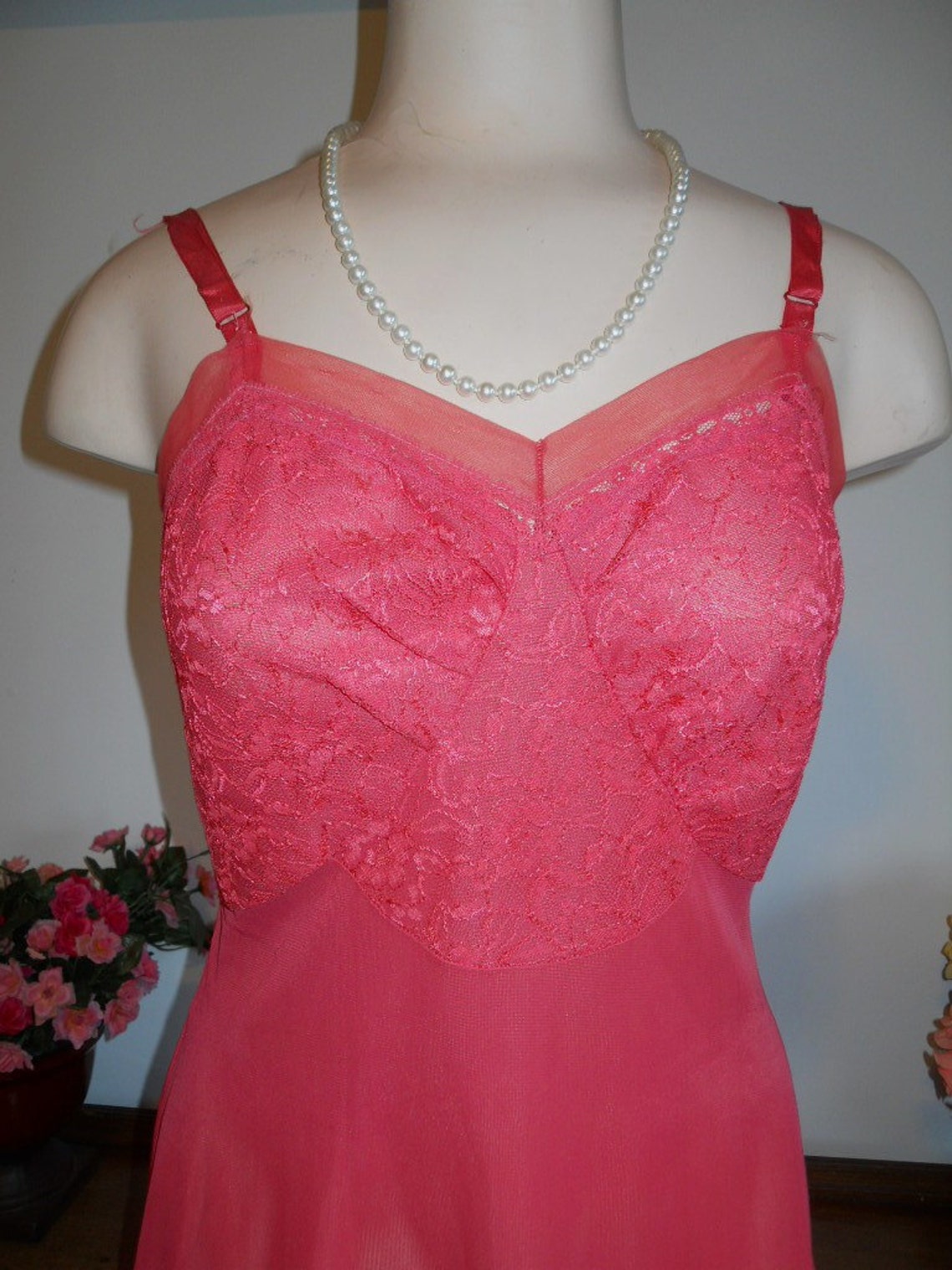 Vintage 1950s Red Lacy Full Slip Lavish Lace Red Nylon Slip Pin Up