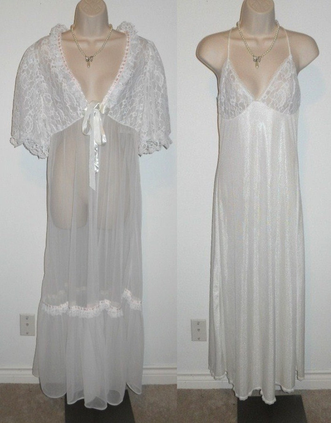 Vtg Bridal White Fancy Long Lacy Peignoir Negligee Set 1980s Dominique