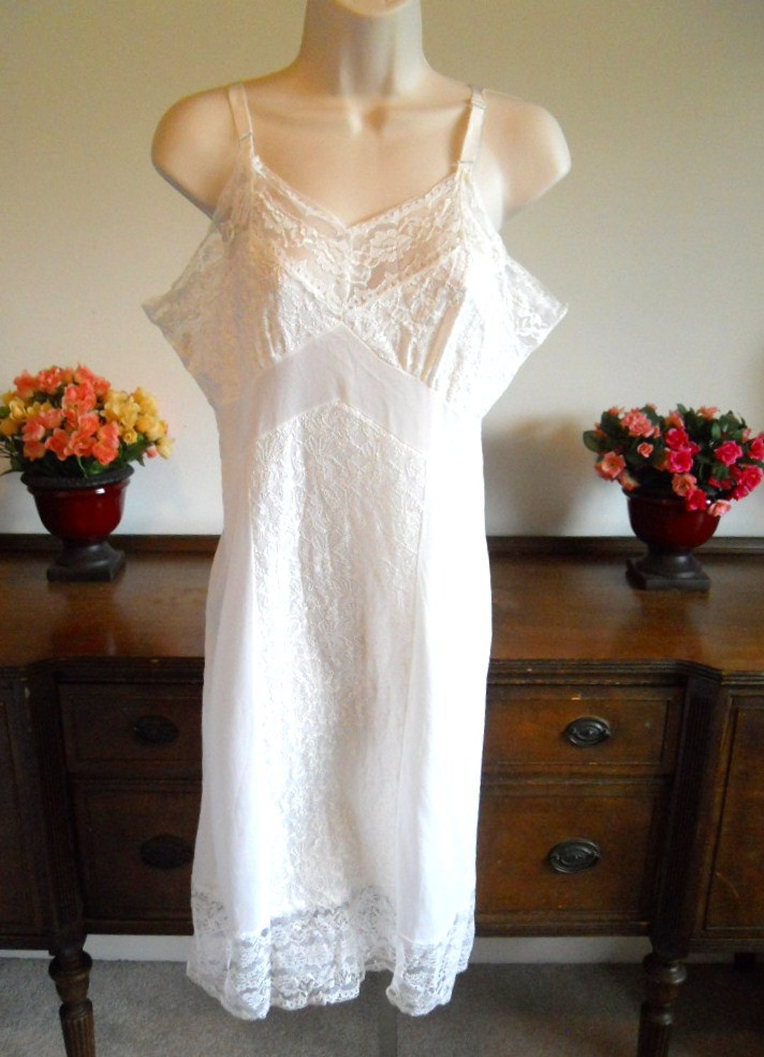 Vintage 1950's Full Slip Chemise Bridal White Nylon Lavish Lace Bridal ...