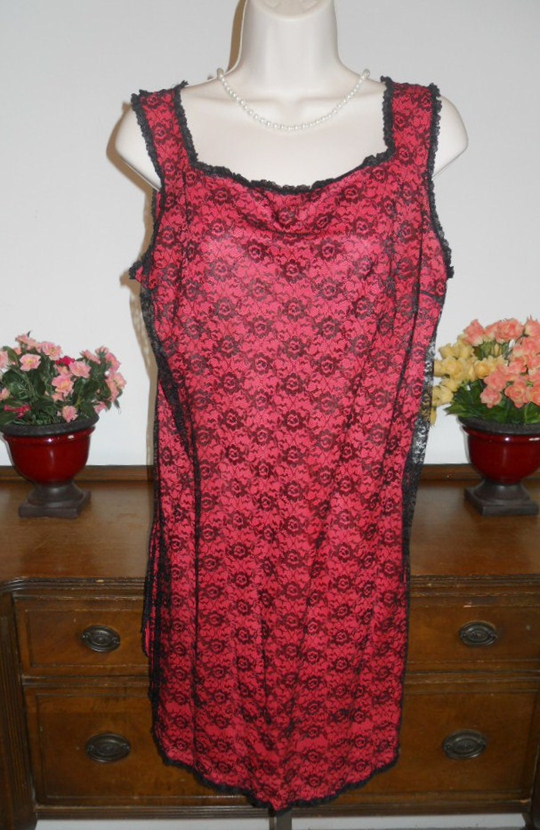 Vintage Red Full Slip Chemise ~ 1950's Belinda Full Slip ~ Fancy Lavish Lace Rockabilly Slip ...