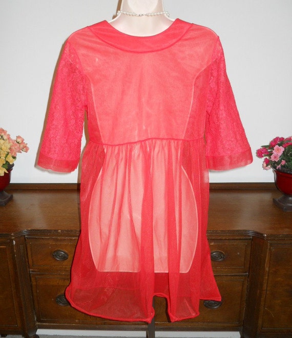 Vintage Red Chiffon Peignoir ~ 1960's Chic Lingerie P… - Gem