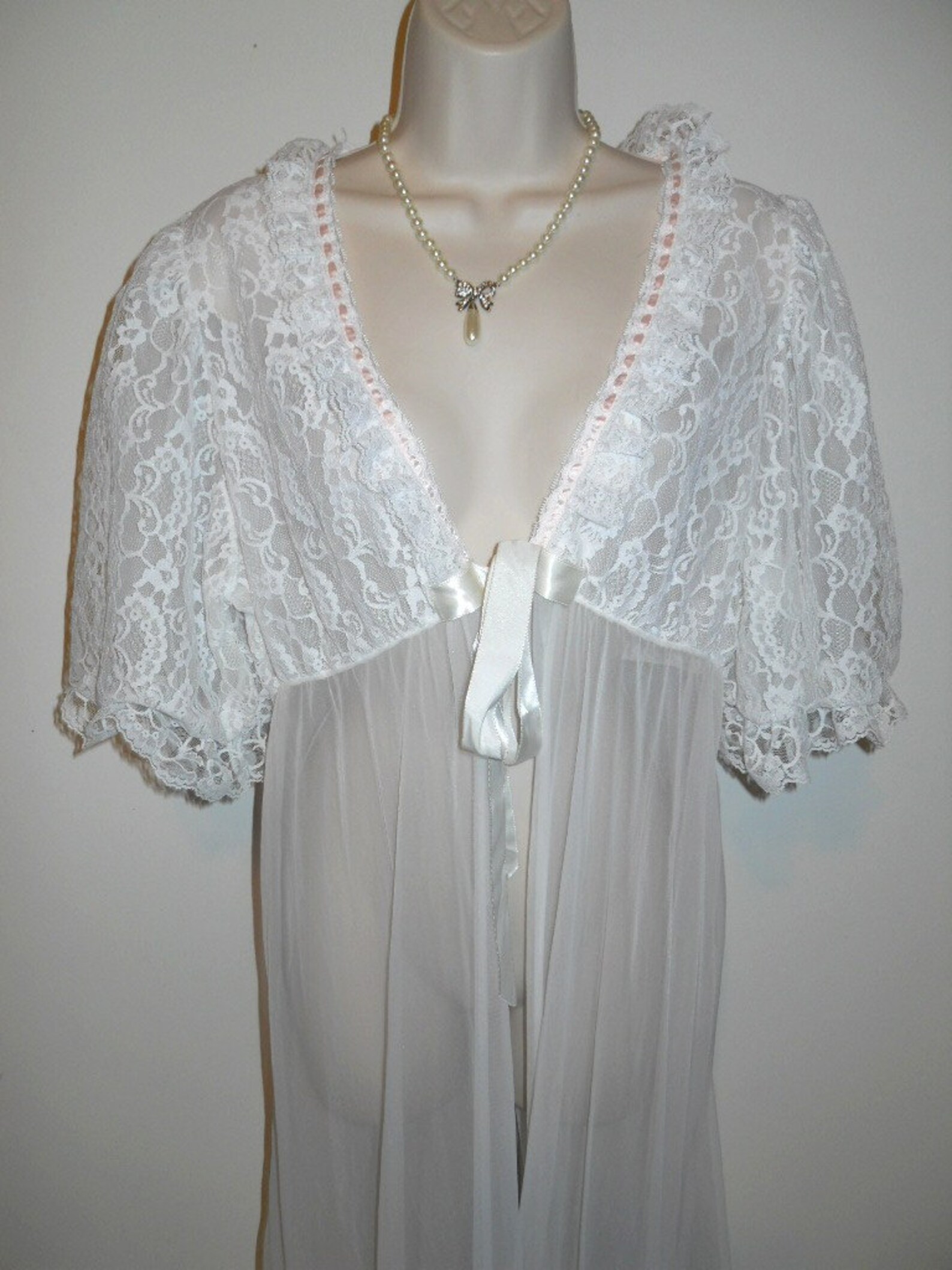Vtg Bridal White Fancy Long Lacy Peignoir Negligee Set 1980's Dominique ...