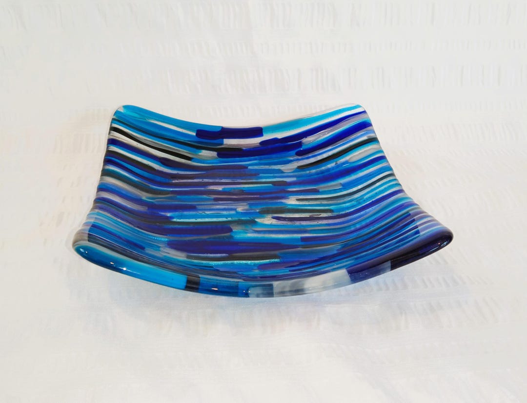 Blue Striped Fused Glass Plate: Handmade Decorative Dish - Etsy