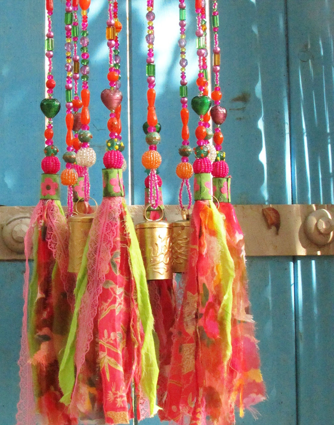 Beaded Wind Chime With Brass Bells and Fabric Tassels - Bohemian Mobile ...