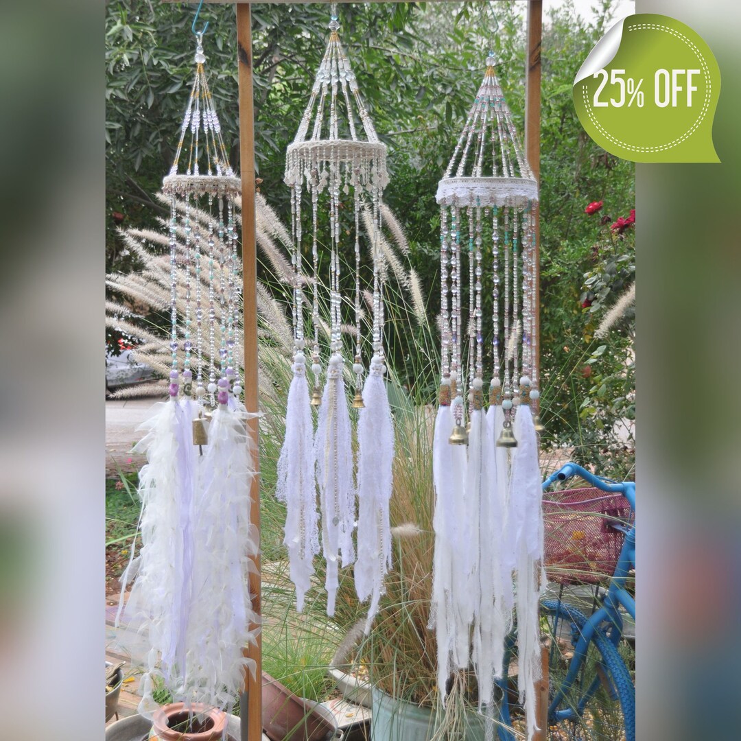 White Beaded Wind Chimes With Brass Bells and Tassels, Jewish ...