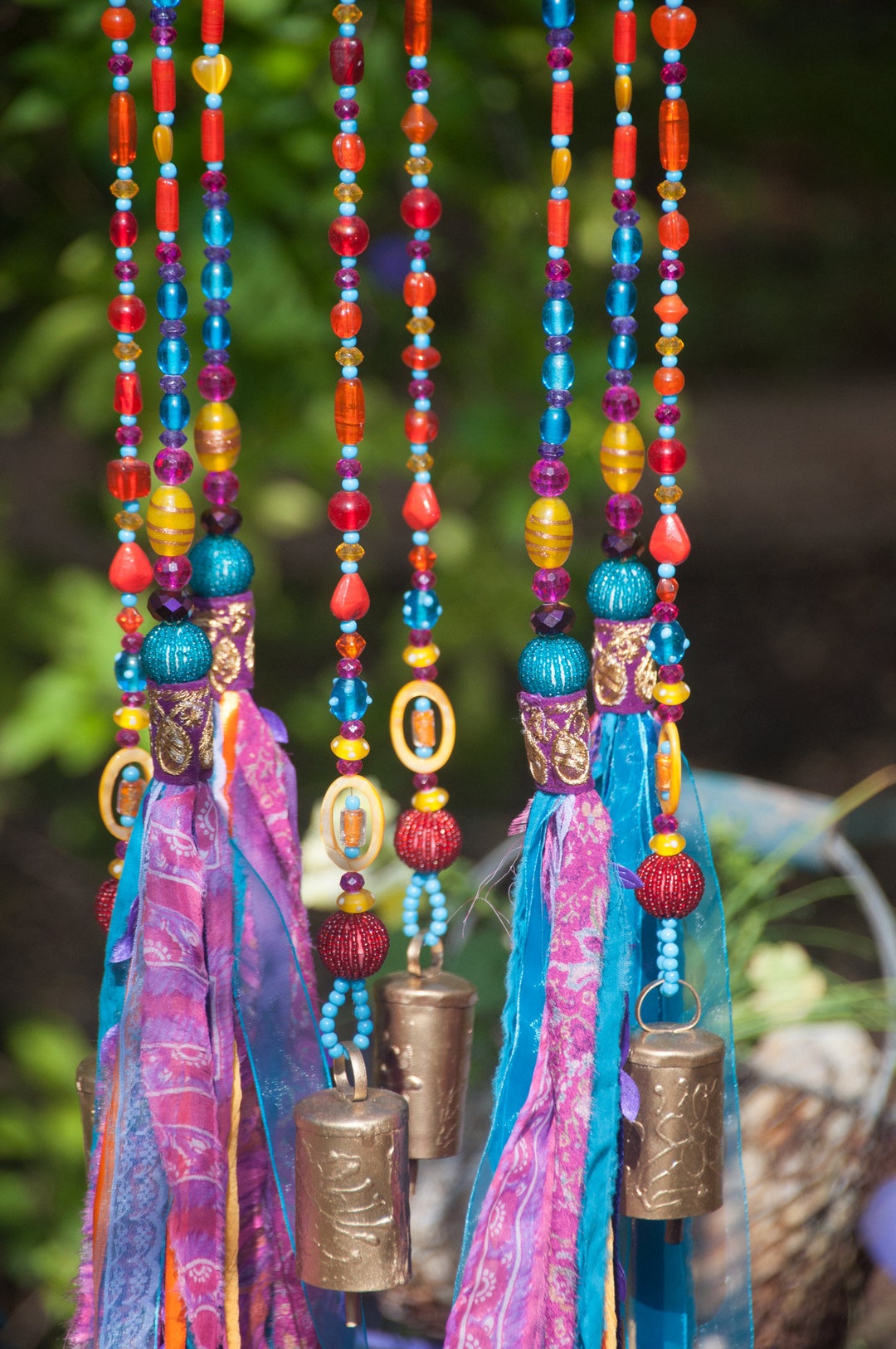 Bohemian Wind Chime: Colorful Beads, Brass Bells, Fabric Tassels - Etsy