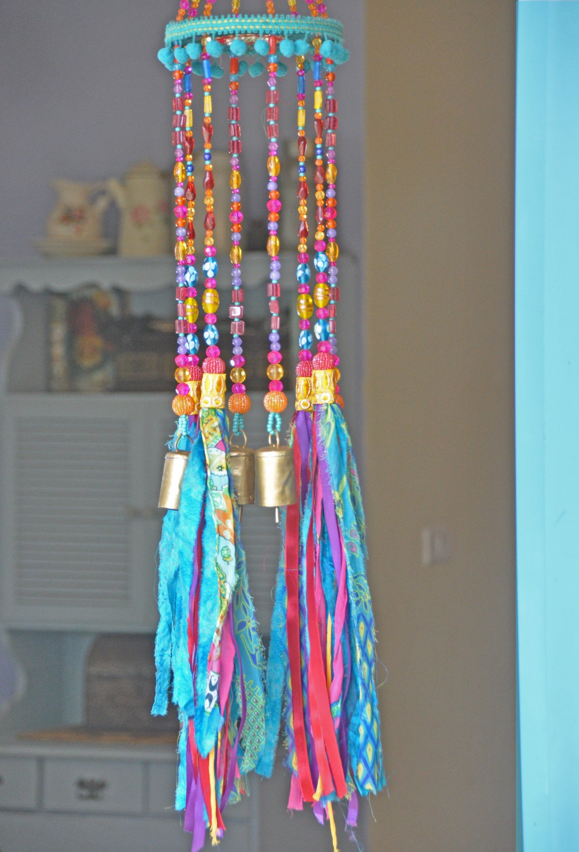 Colorful Beaded Mobile Wind Chime with Brass Bells and Fabric | Etsy