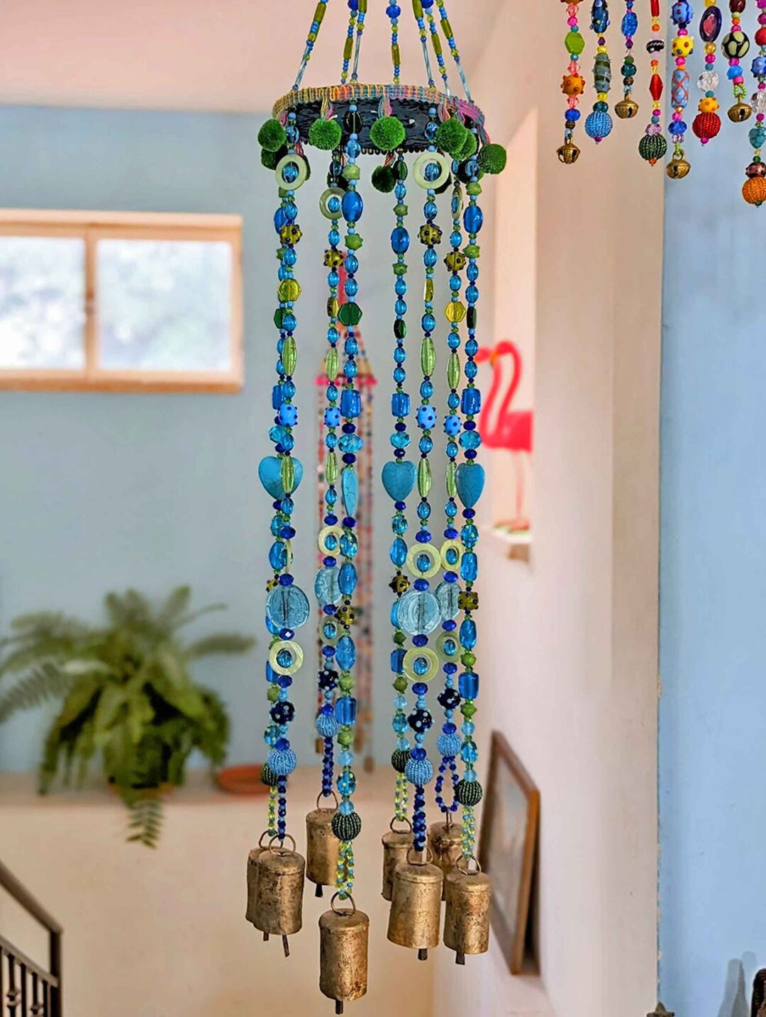 Beaded Wind Chime: Turquoise & Aqua Bohemian Mobile With Brass Bells - Etsy