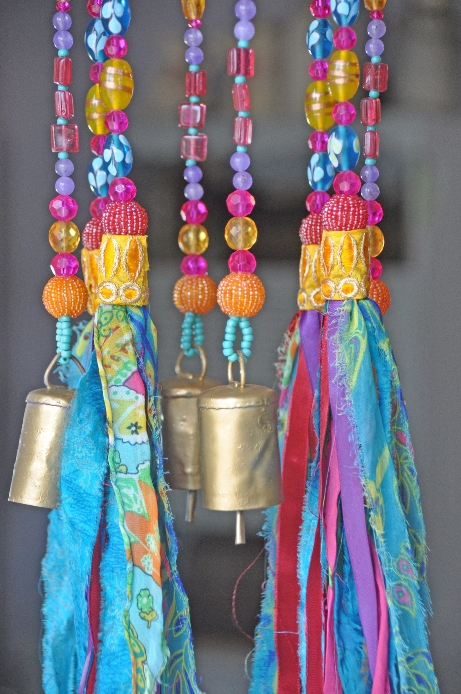 Colorful Beaded Mobile Wind Chime with Brass Bells and Fabric | Etsy