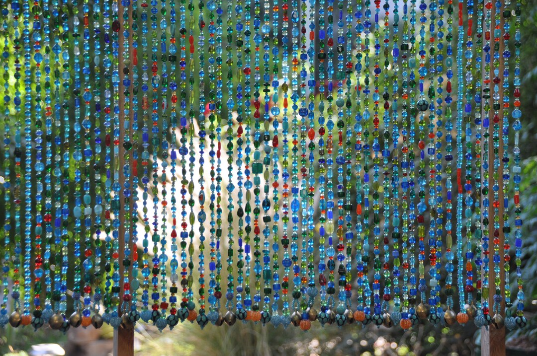 Beaded Curtain in Shadows of Blue Turquoise, Green and Touches of Red ...