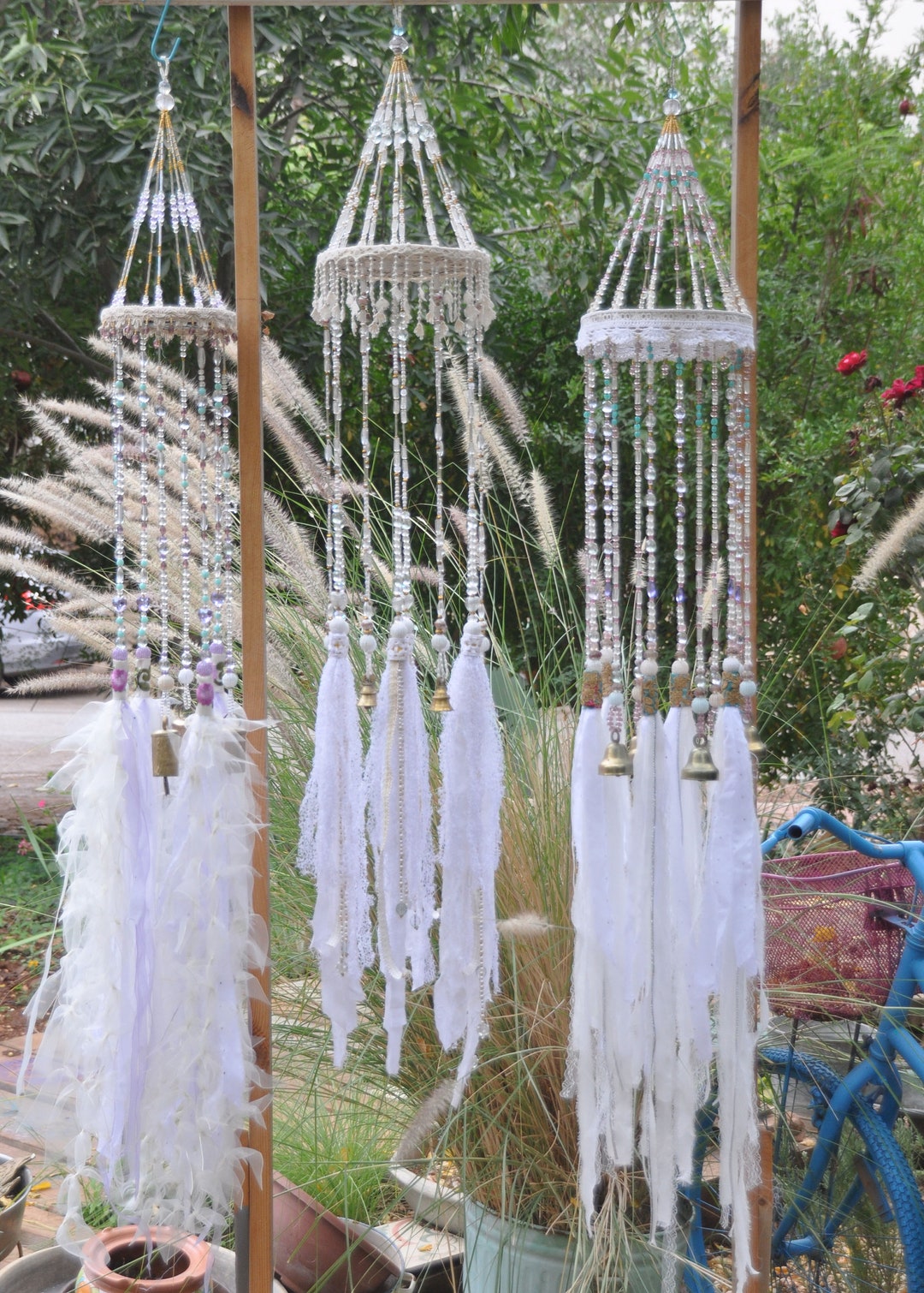 White Beaded Wind Chimes With Brass Bells and Tassels, Jewish ...