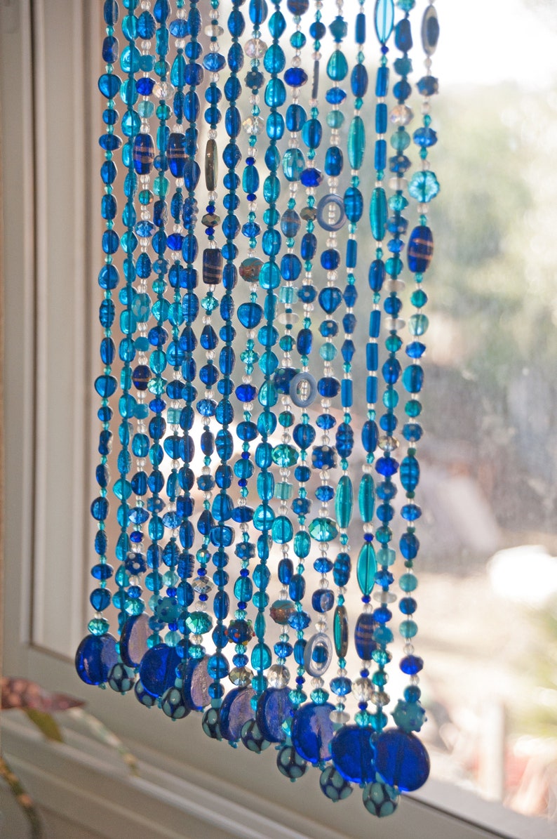 Blue Beaded Curtain: Boho Home Decor, Window or Wall Hanging - Etsy
