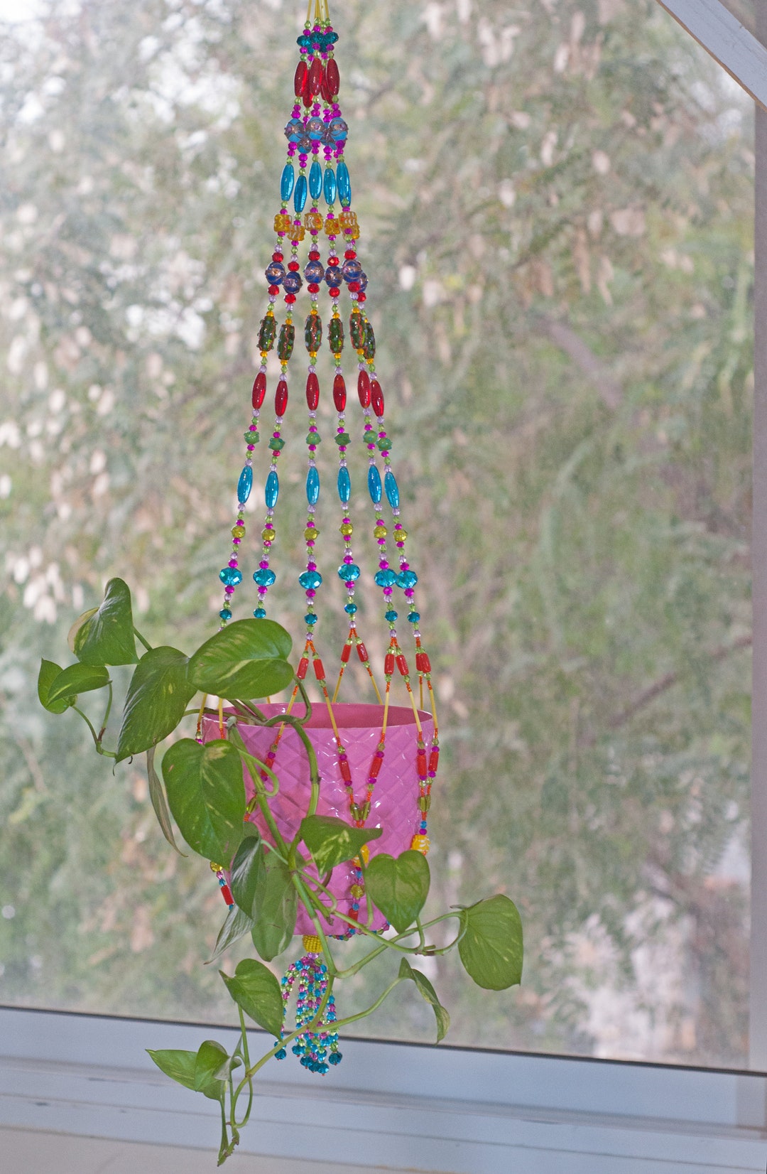 Unique Home Decor, Bohemian Beaded Plant Hanger- Suncatcher Planter ...