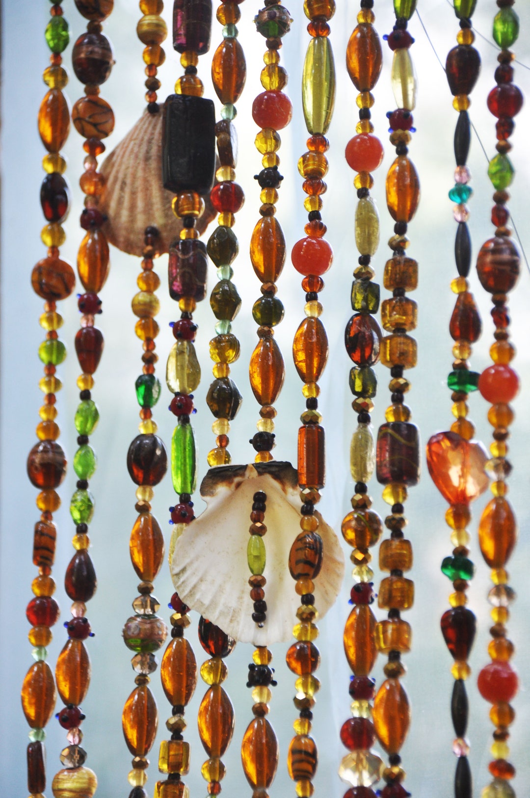 Handmade Beaded Curtain: Sea Shells, Brass Bells, Amber Glass - Etsy