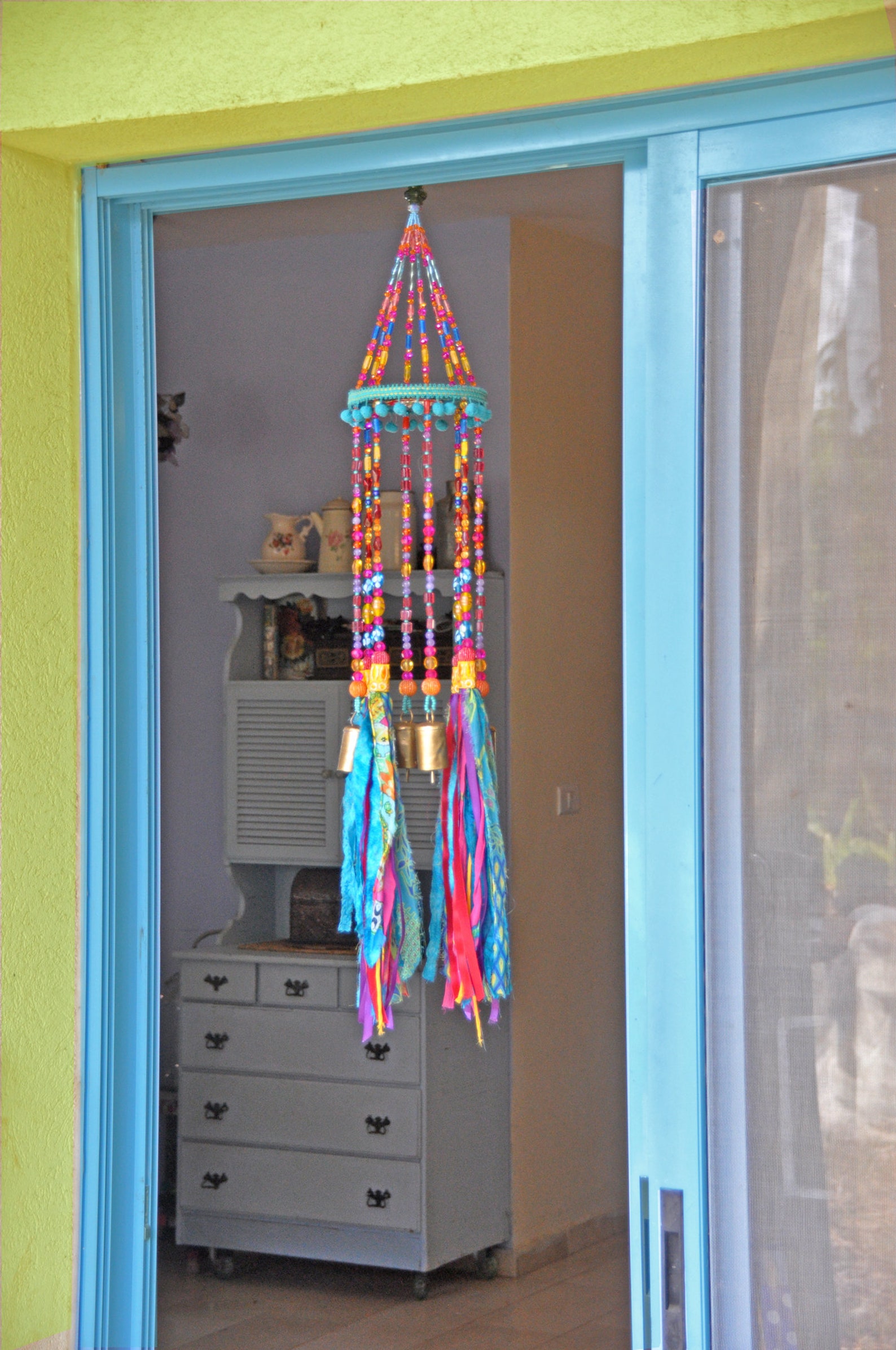 Colorful Beaded Mobile Wind Chime with Brass Bells and Fabric | Etsy