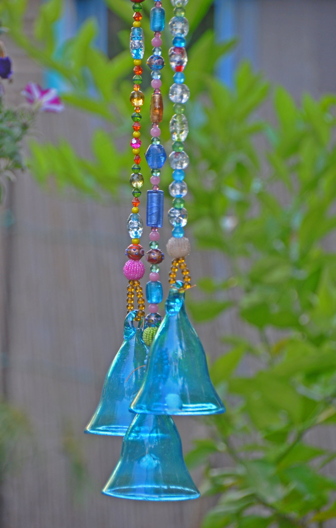 Turquoise Glass Bell Wind Chime: Beaded Boho Garden Decor - Etsy