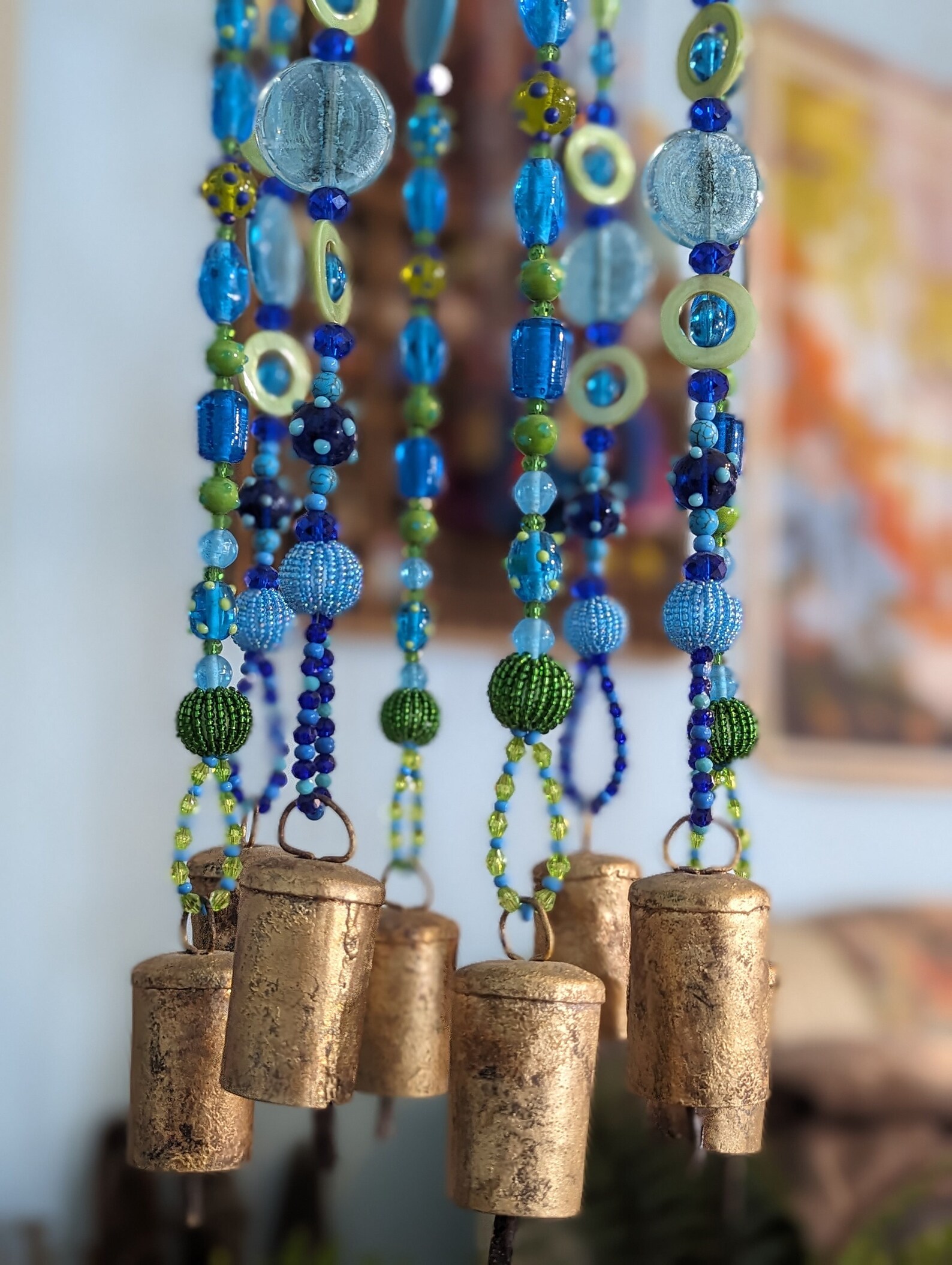 Beaded Wind Chime: Turquoise & Aqua Bohemian Mobile With Brass Bells - Etsy