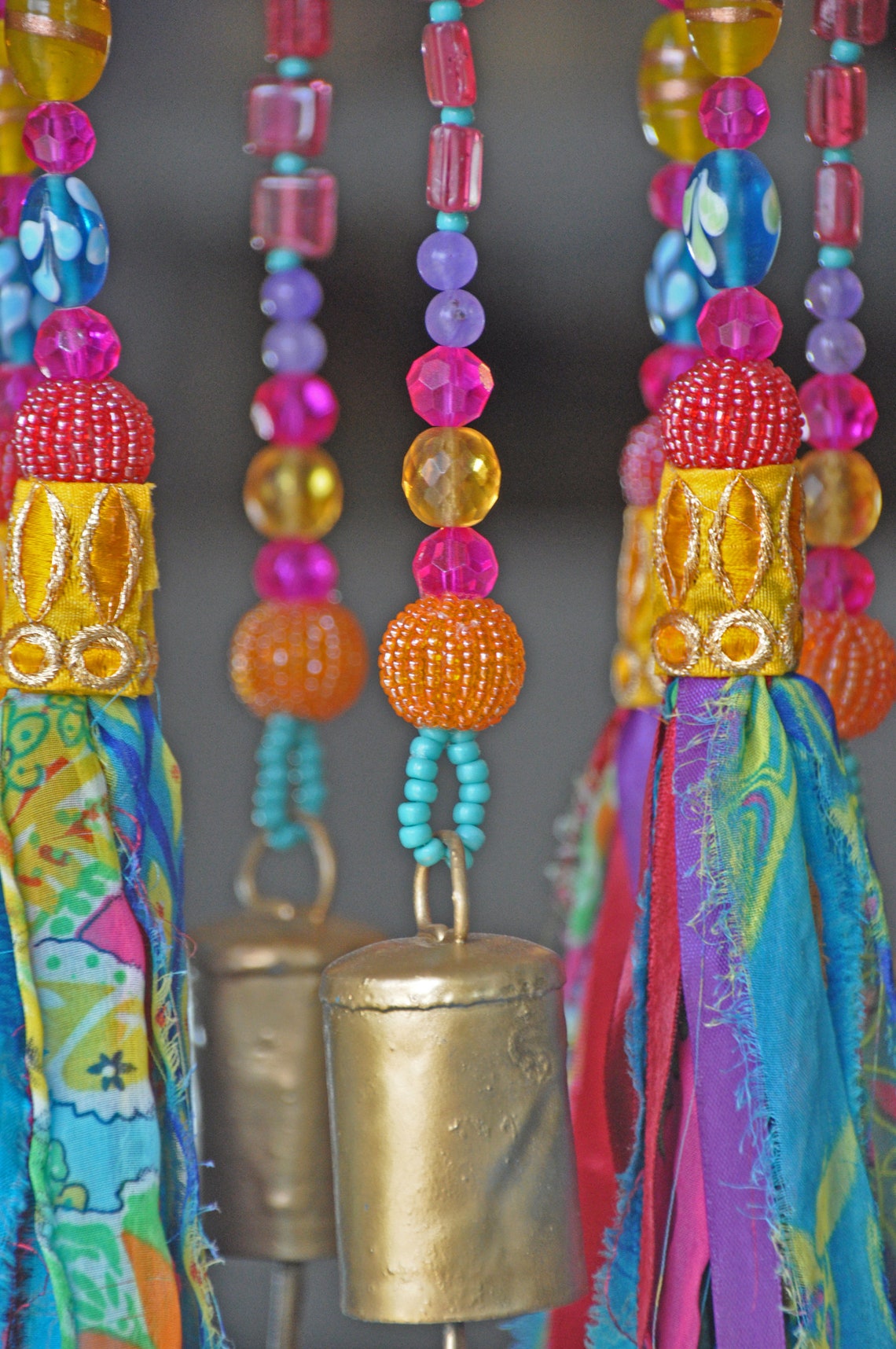 Colorful Beaded Mobile Wind Chime with Brass Bells and Fabric | Etsy