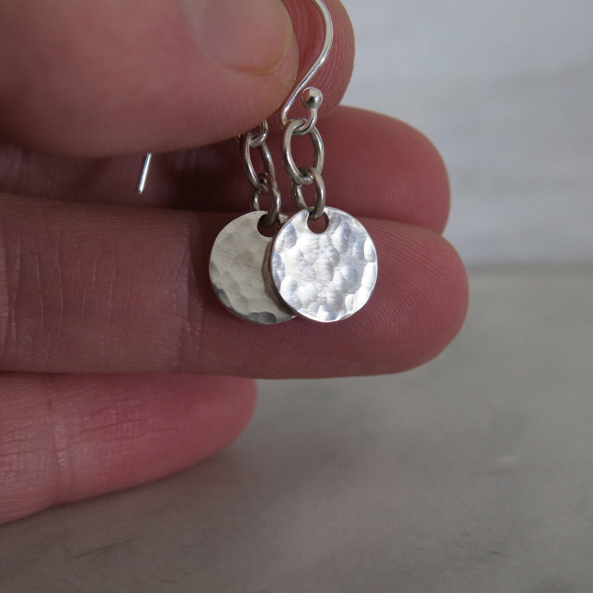 Hammered Disc Silver Drop Earrings • Solid Silver Dangly Earrings ...