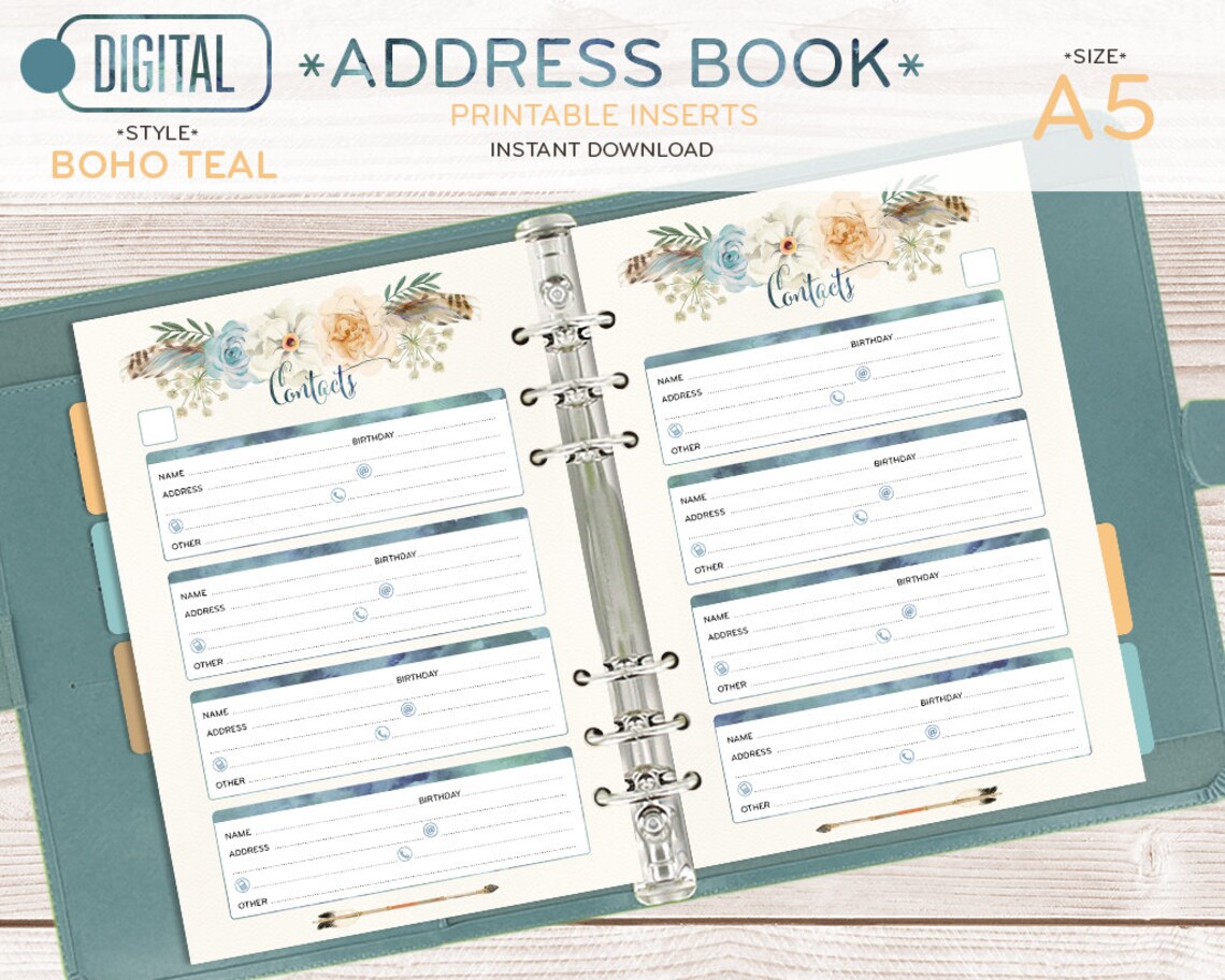 A5 Address Book for Planner, Contacts Printable Page, Half Size Insert ...