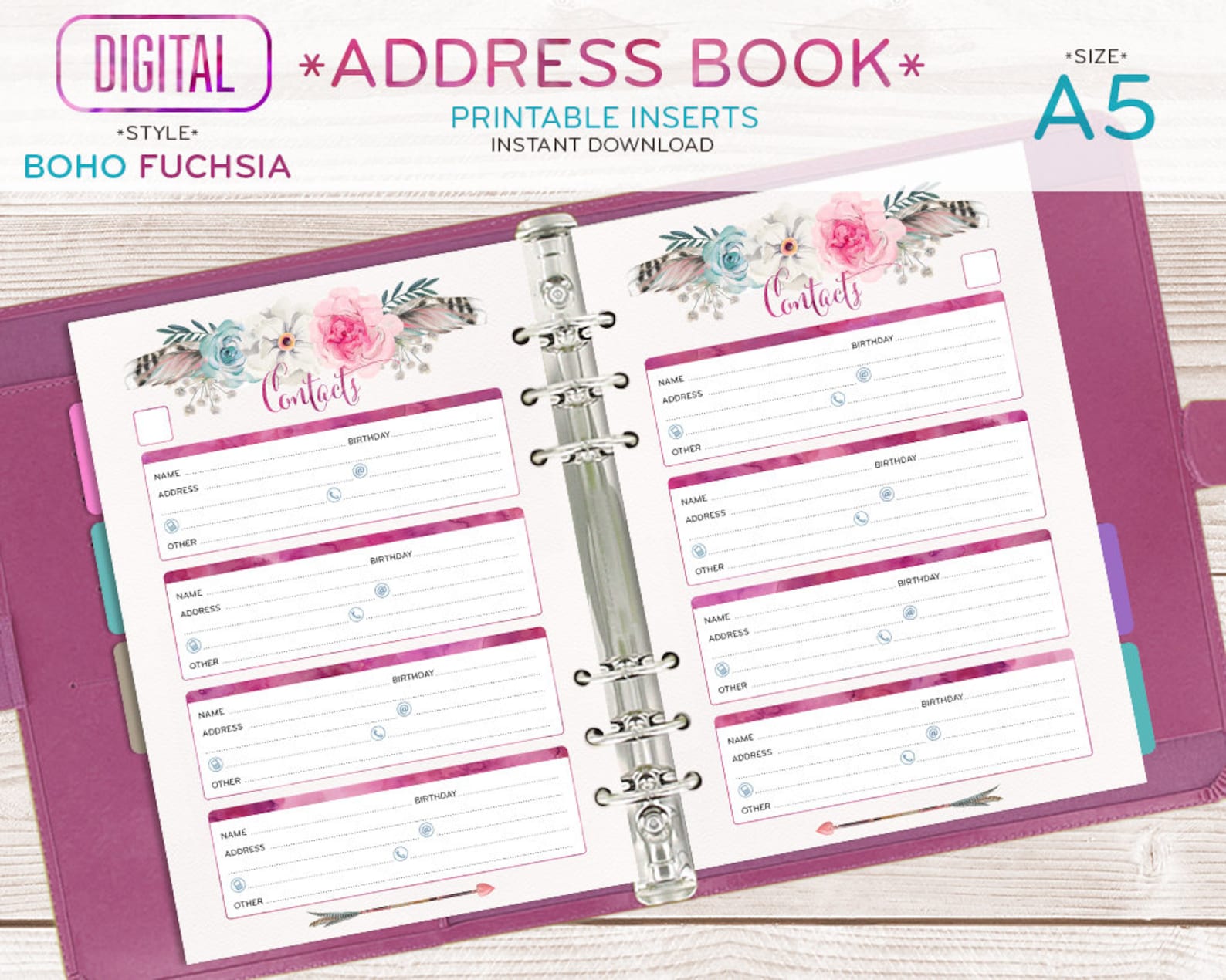 A5 Address Book for Planner, Contacts Printable Page Half Size Insert ...