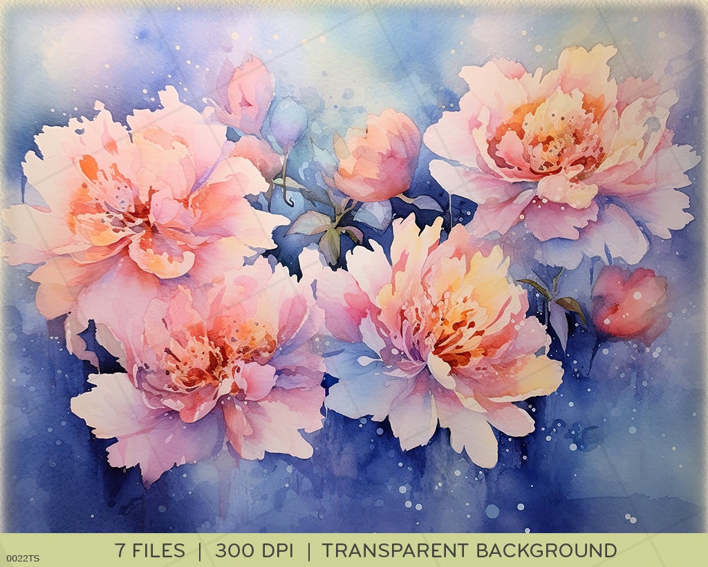 Watercolor Pink Peonies Clip Art, Pngs, Pink Aquarelle Flowers, Peony ...