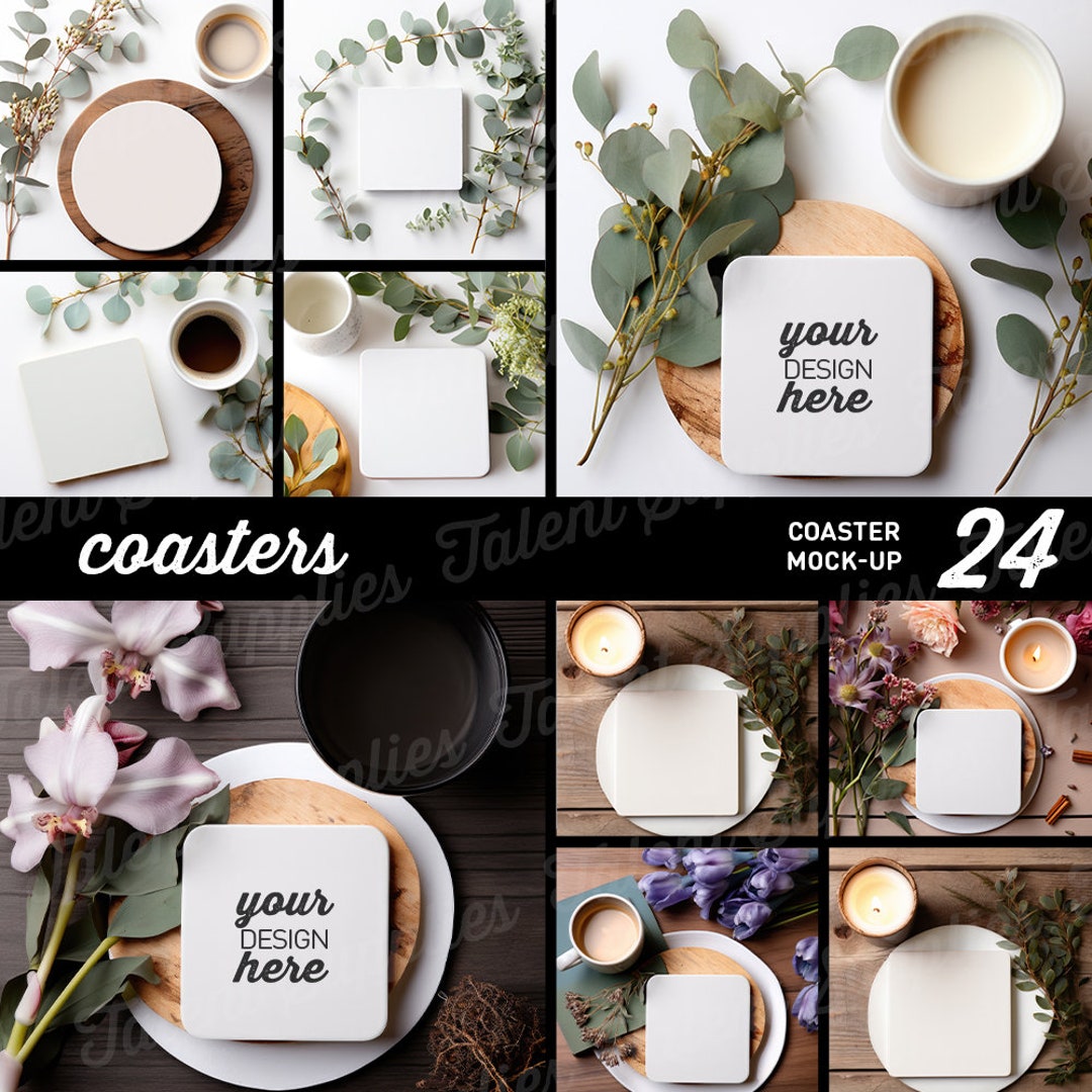 Coaster Mockup BUNDLE, Square Image Coasters Mock-up Eucalyptus, Iris ...