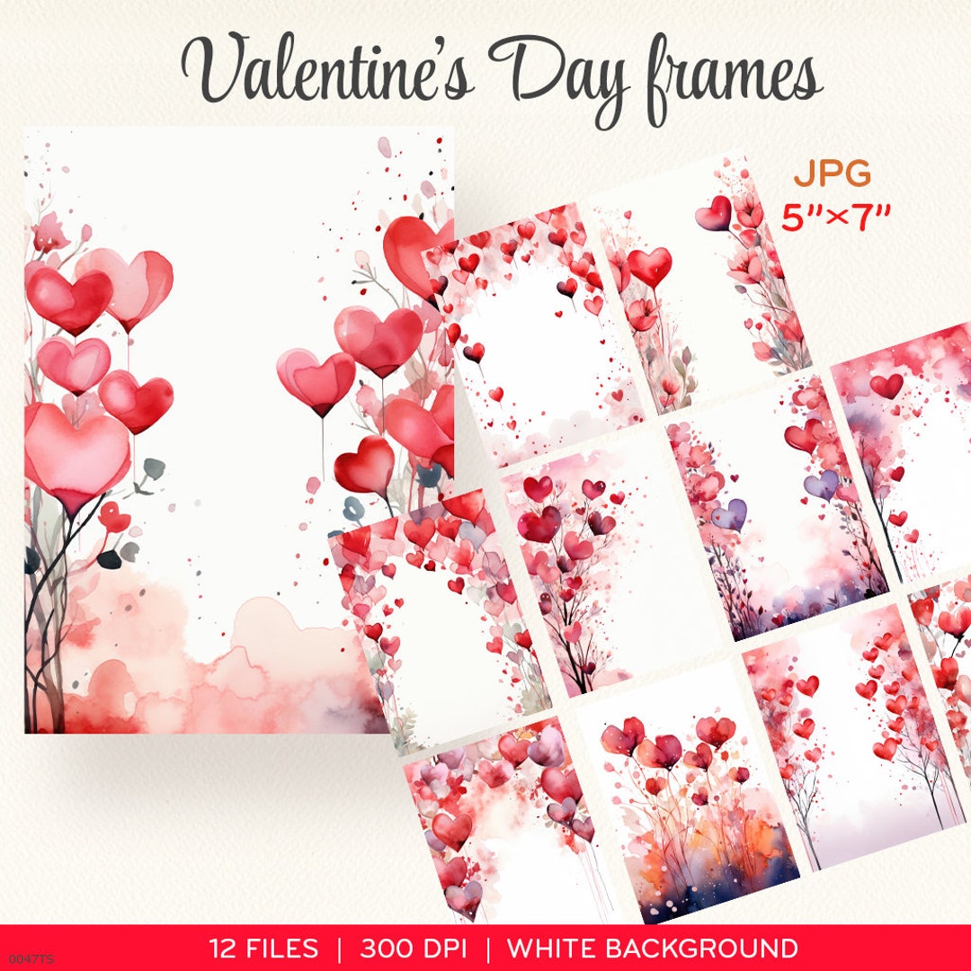Valentine's Day Watercolor Frames, Jpgs, Hearts and Flowers Invitation ...