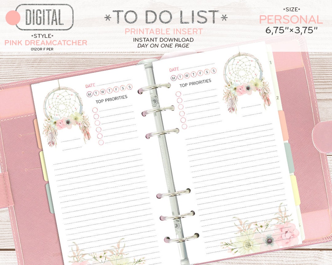 PERSONAL to Do List Insert for Planner, Dreamcatcher Pink, Printable ...