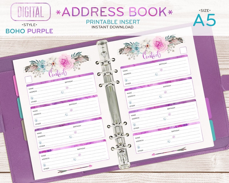 A5 Address Book for Planner, Contacts Printable Page Half Size Insert ...