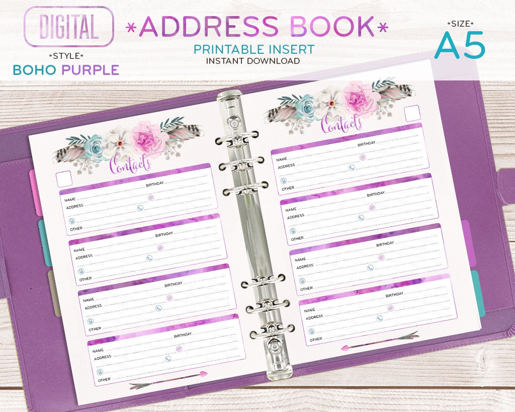 A5 Address Book for Planner, Contacts Printable Page Half Size Insert ...