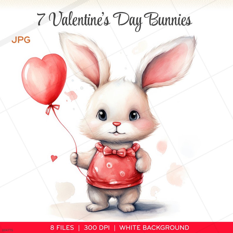 Valentine's Day Bunnies, JPG, Watercolor Bunny Red Heart, Love Animal ...