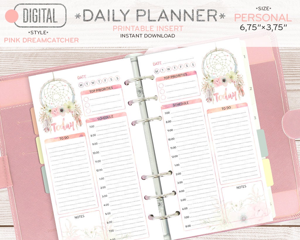 PERSONAL Daily Planner, Dreamcatcher Pink, Printable Pages, Watercolor ...