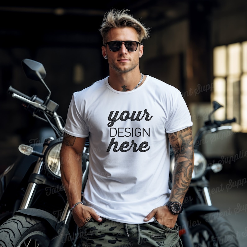 Biker Mockup, White T-shirt Mockup, Bella Canvas 3001 Tshirt Motorcycle ...