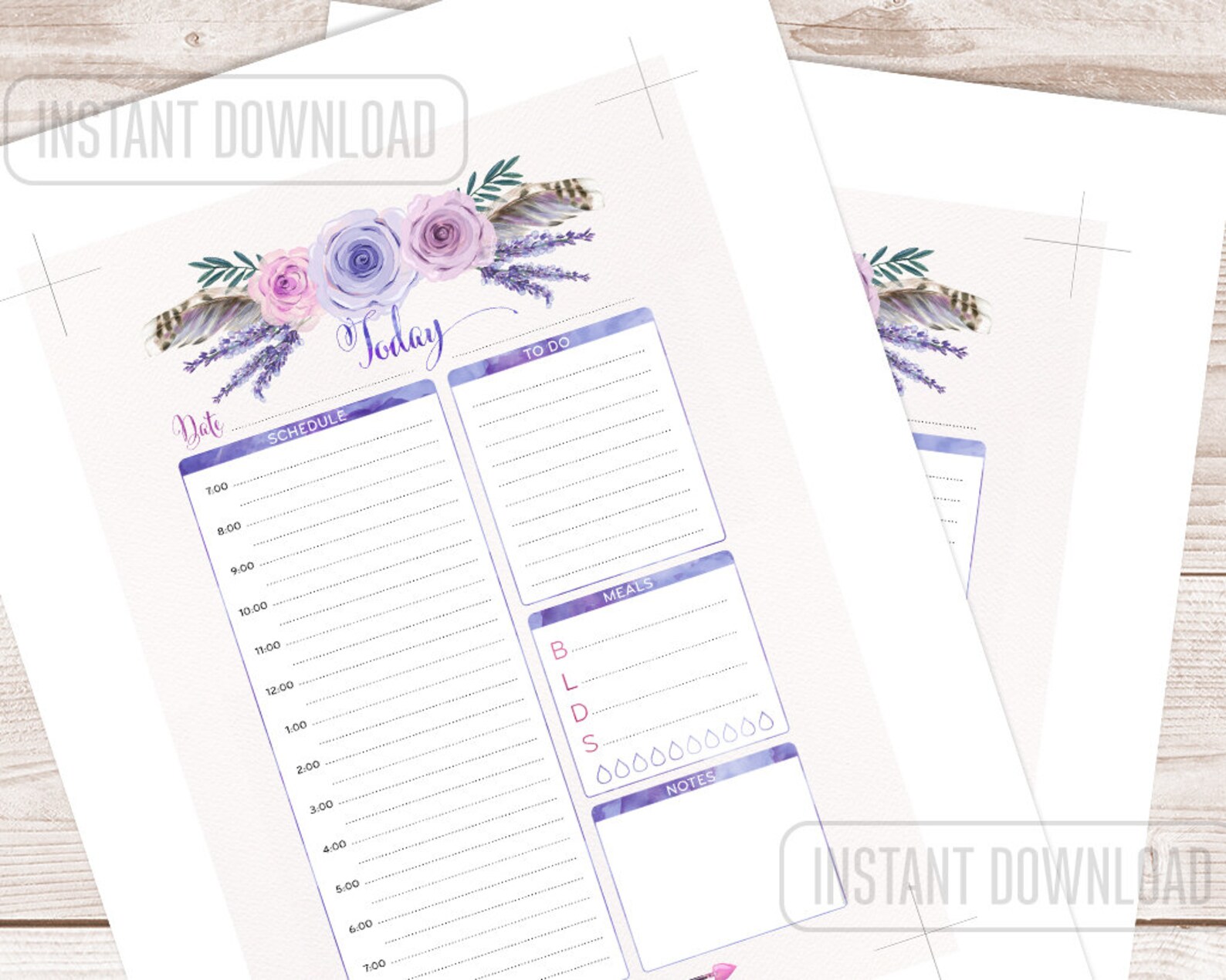 A5 Daily Planner, Printable Pages, Inserts, Watercolor Florals Bohemian ...
